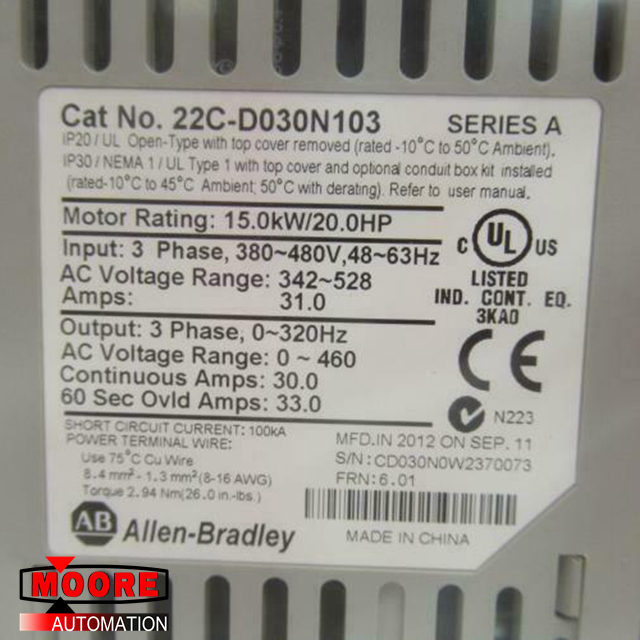 480V 3Ph 30A 22C-D030N103 Allen Bradley Drives